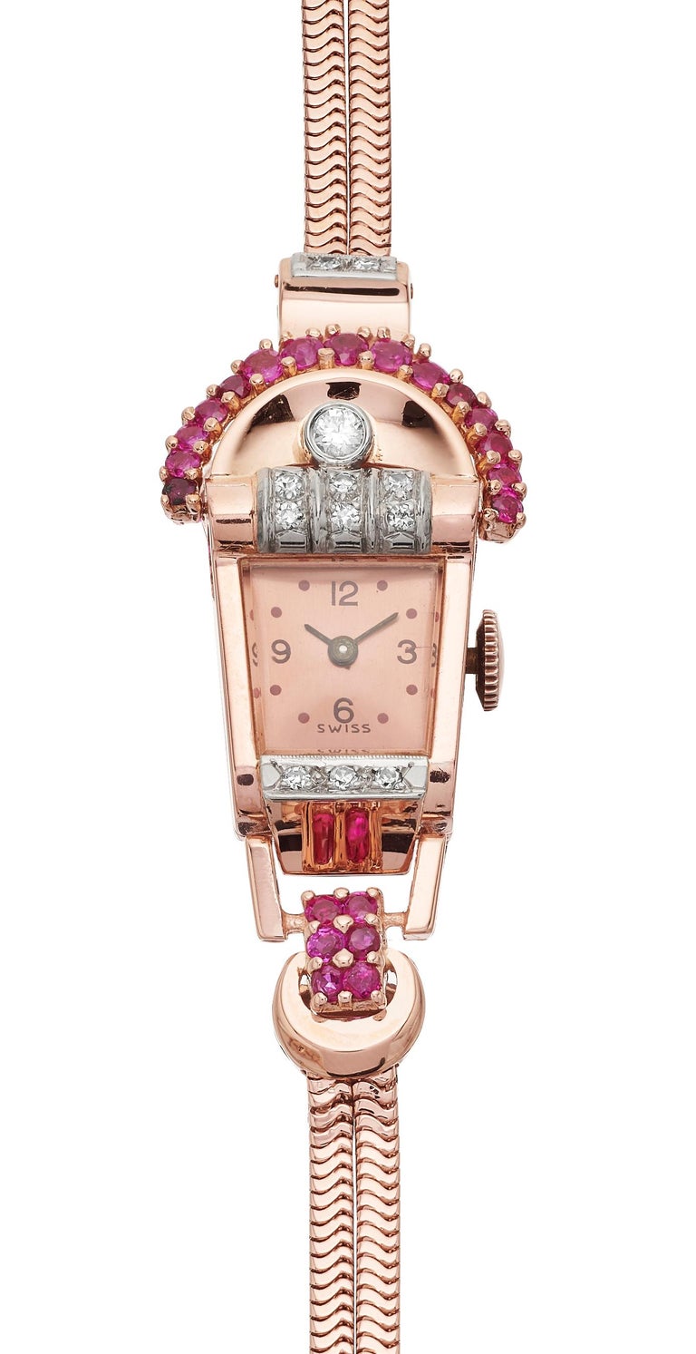 Retro Diamond and Ruby Ladies Dress/Cocktail Swiss Watch in 14 Karat ...