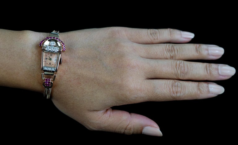 Retro Diamond and Ruby Ladies Dress/Cocktail Swiss Watch in 14 Karat ...