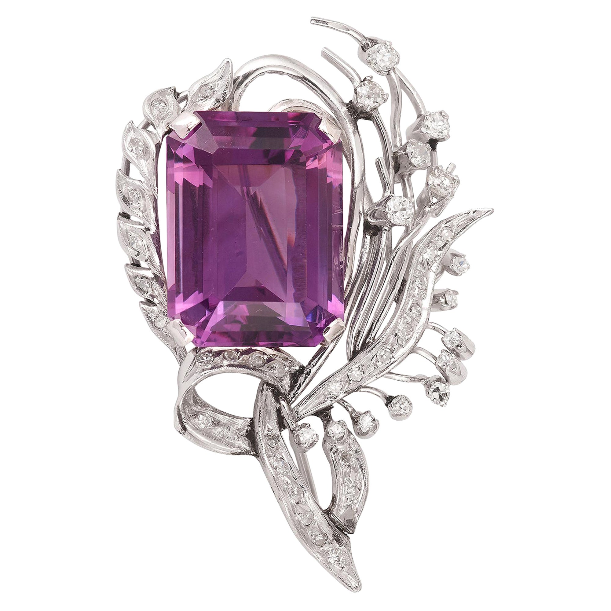 Large Retro Amethyst Rose Yellow Gold Floral Brooch Pin at 1stDibs