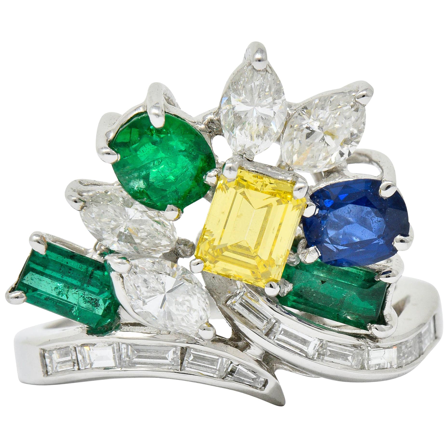 Platinum Emerald, Diamond and yellow Sapphire Cluster Ring For Sale at ...