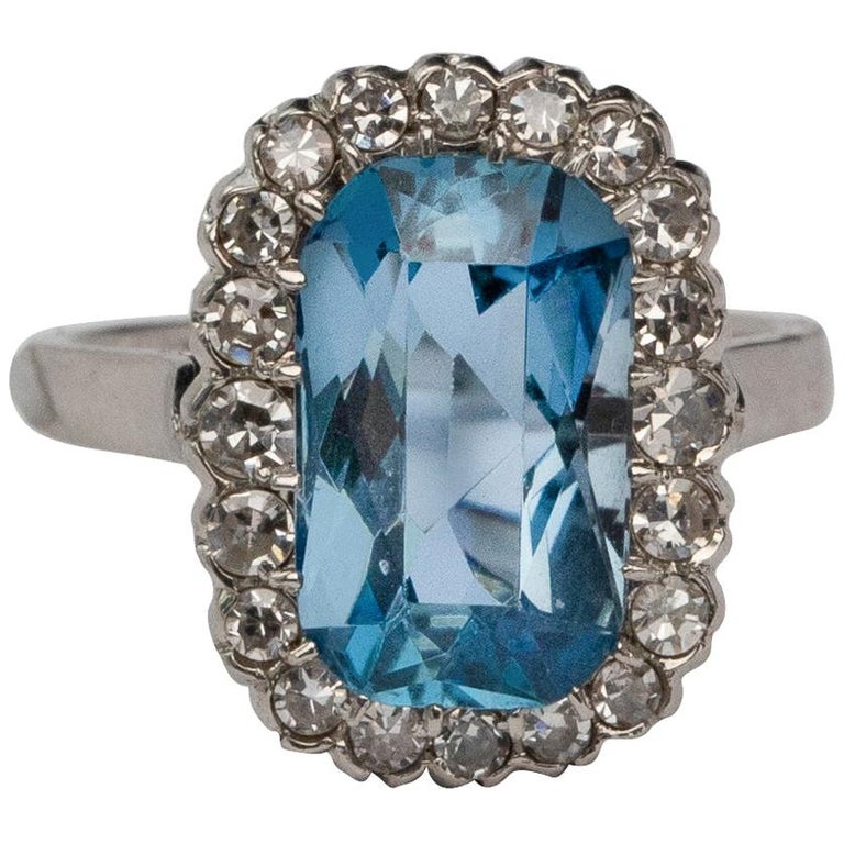 Retro 4 Carat "Santa Maria" Aquamarine Platinum Ring with Diamond Halo ...