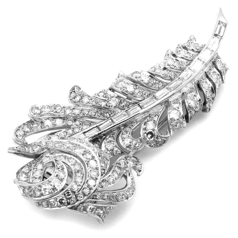 Retro 6 Carat Diamond Feather Platinum Clip Brooch, circa 1940 For Sale ...