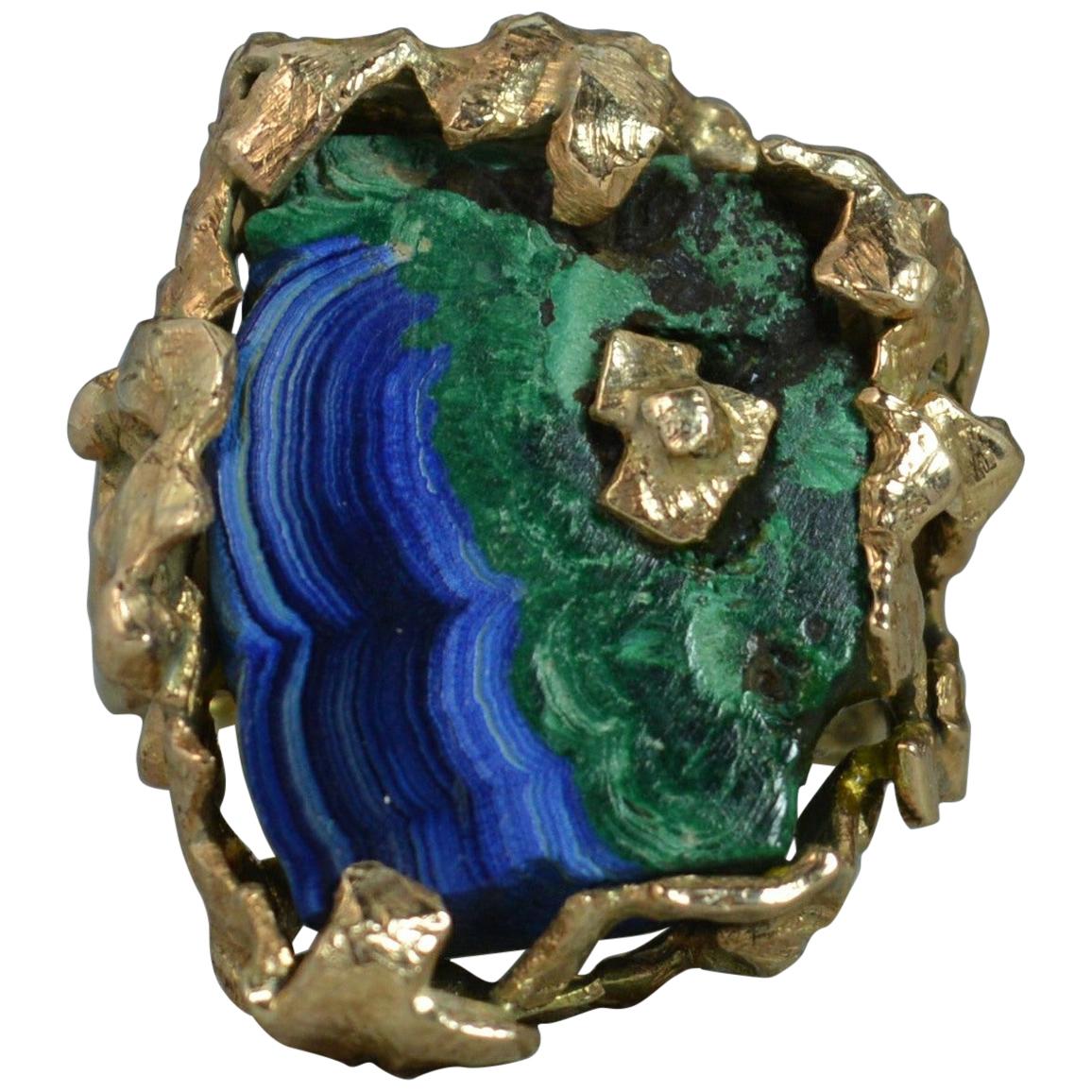 Retro Abstract 9 Carat Gold Malachite and Azurite Stone Ring at 1stDibs