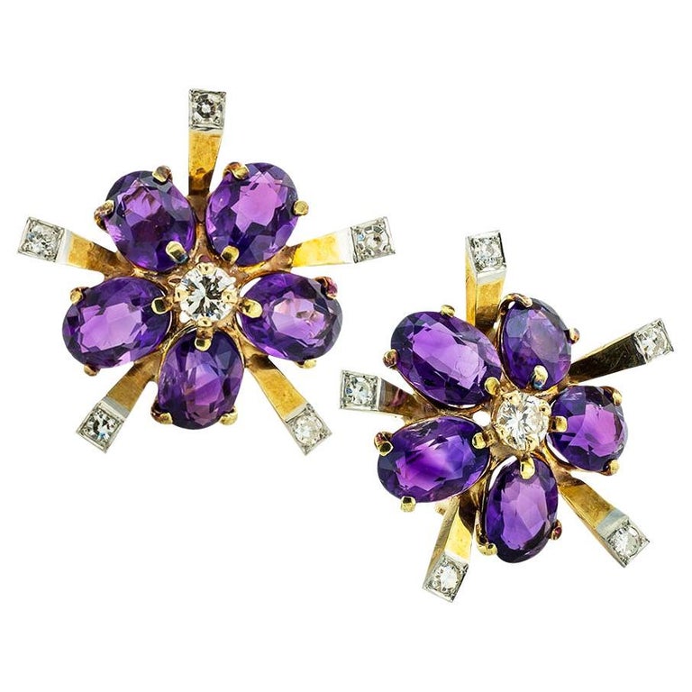Retro Amethyst Diamond Yellow Gold Earrings Omega Clips Posts For Sale ...