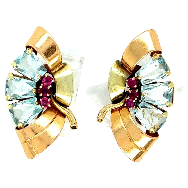 Retro Aquamarine Ruby Earrings For Sale at 1stDibs