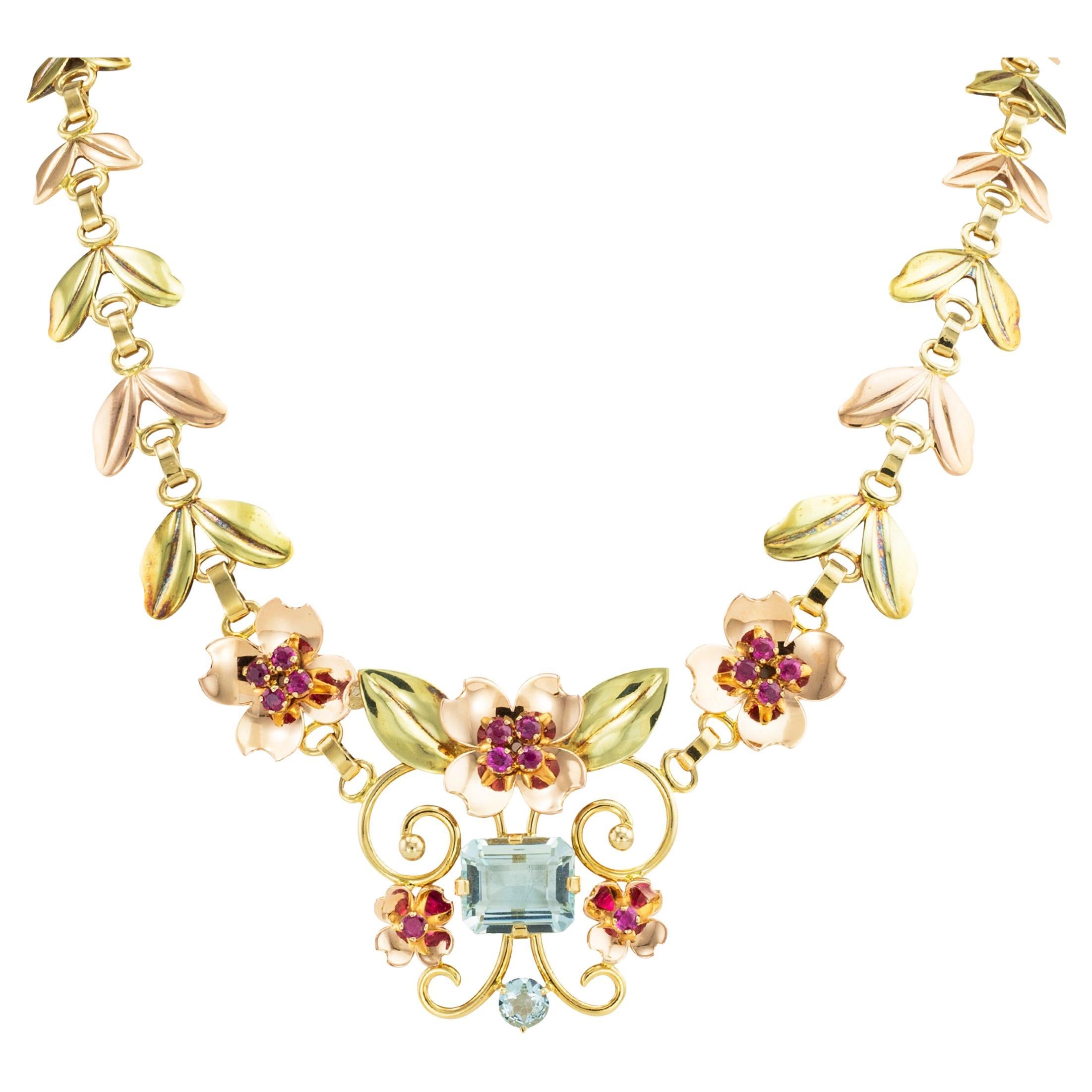 Retro Aquamarine Ruby Pink Gold Link Necklace For Sale at 1stDibs