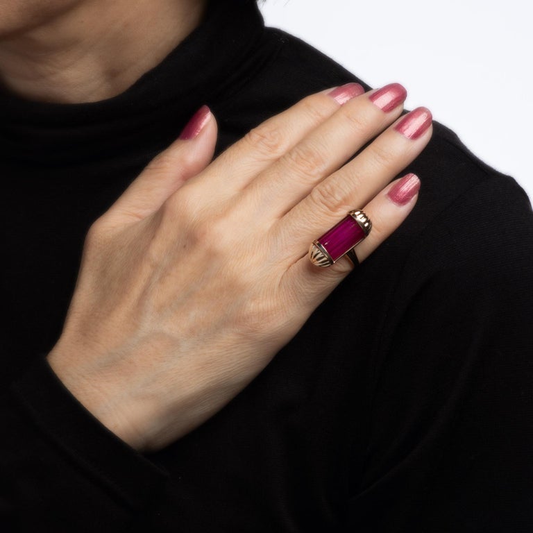 Retro Barrel Ring 14k Rose Gold Lab Ruby Long Cocktail Band Pinky ...