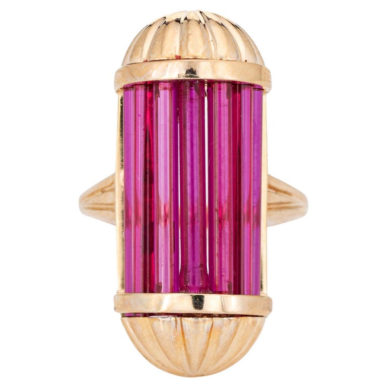 Retro Barrel Ring 14k Rose Gold Lab Ruby Long Cocktail Band Pinky ...