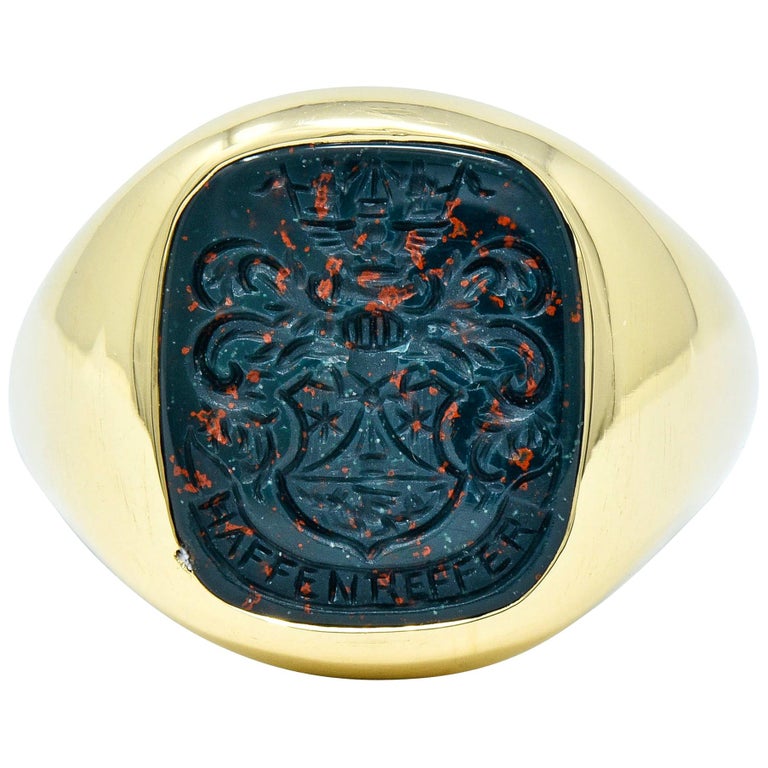 Retro Bloodstone Intaglio 18 Karat Gold Men's Signet Ring at 1stDibs