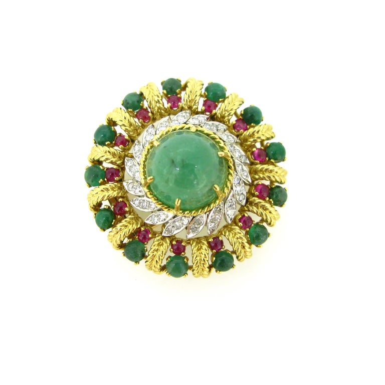 Retro Cabochon Emeralds Ruby Diamonds Brooch at 1stDibs