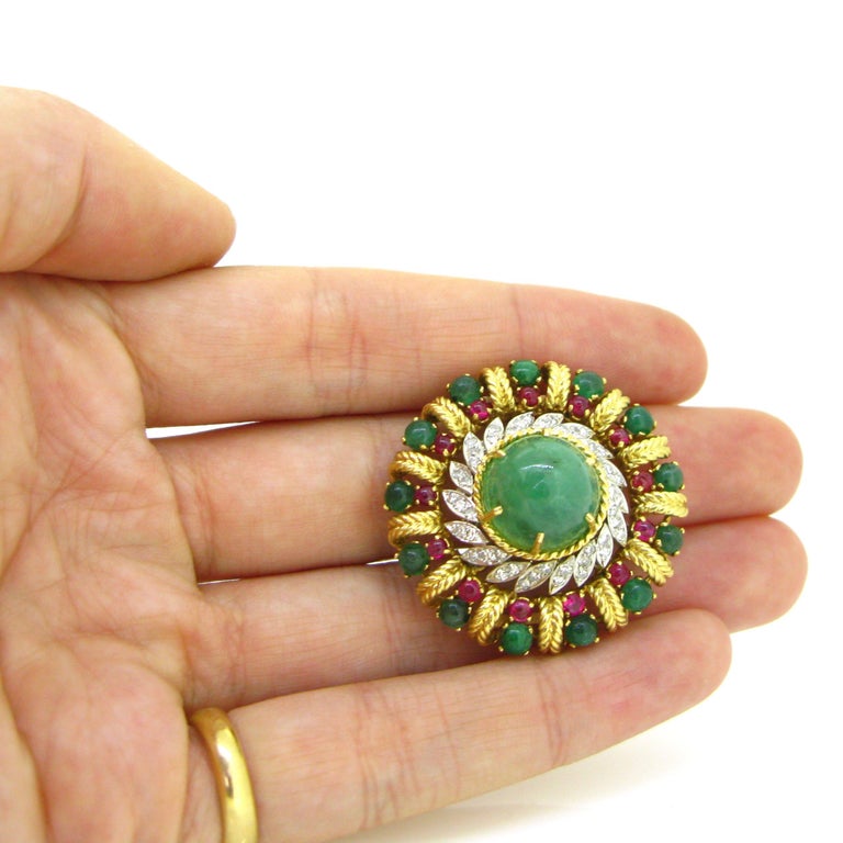 Retro Cabochon Emeralds Ruby Diamonds Brooch at 1stDibs