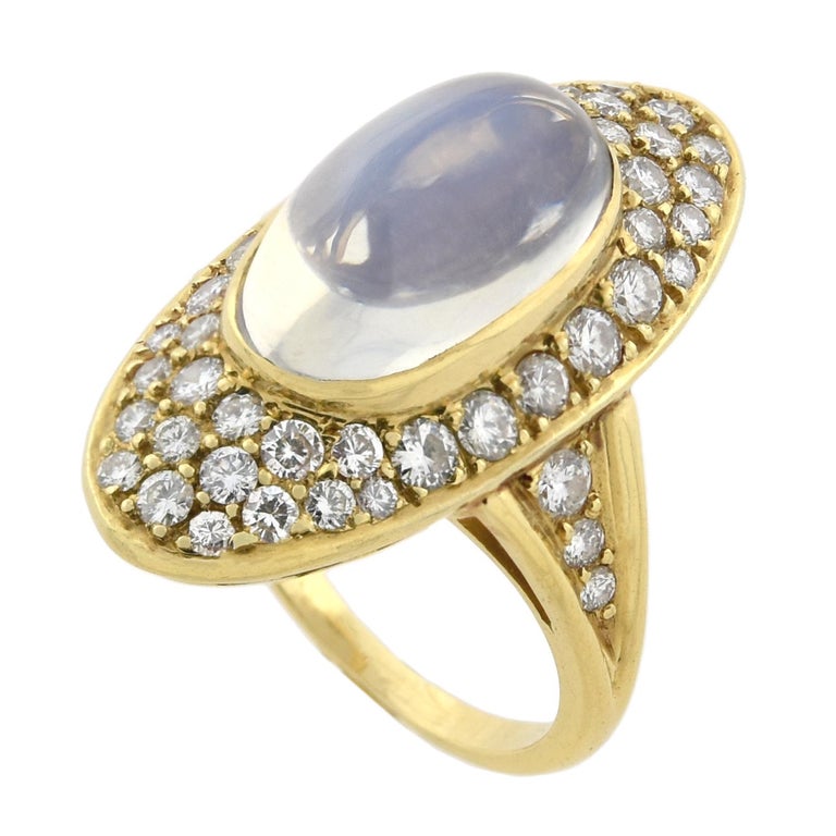 Retro Cabochon Moonstone and Pavé Set Diamond Navette Ring For Sale at ...