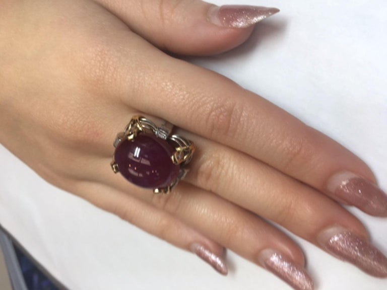 Retro Cabochon Ruby Diamond Platinum Gold Ring For Sale at 1stDibs