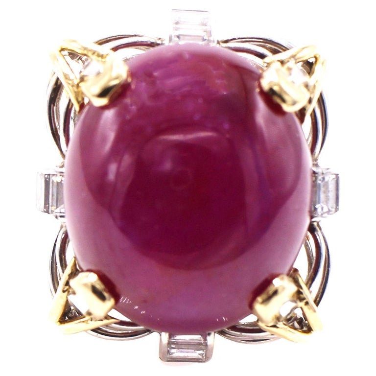 Retro Cabochon Ruby Diamond Platinum Gold Ring For Sale at 1stDibs