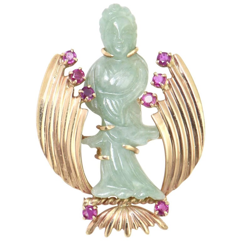 Retro Carved Jade Chinese Lady Standing Amid a Gold and Ruby Design at ...