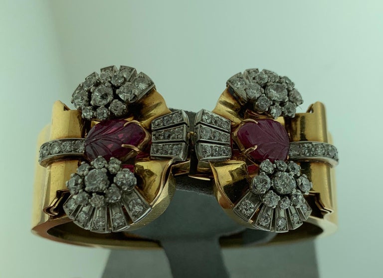 Retro Carved Ruby Diamond Double 18 Karat Gold Clips Detachable Bangle ...