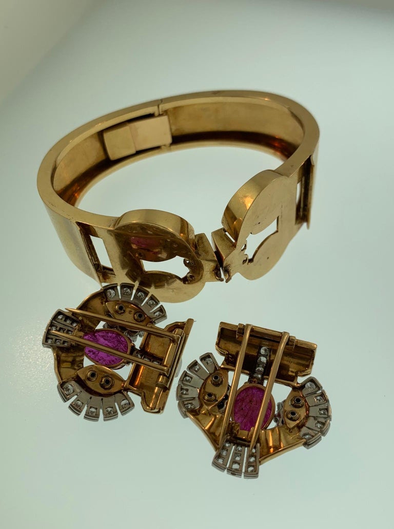 Retro Carved Ruby Diamond Double 18 Karat Gold Clips Detachable Bangle ...