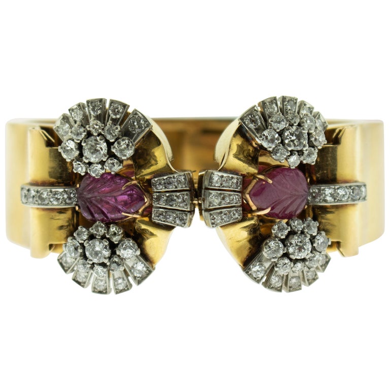 Retro Carved Ruby Diamond Double 18 Karat Gold Clips Detachable Bangle ...