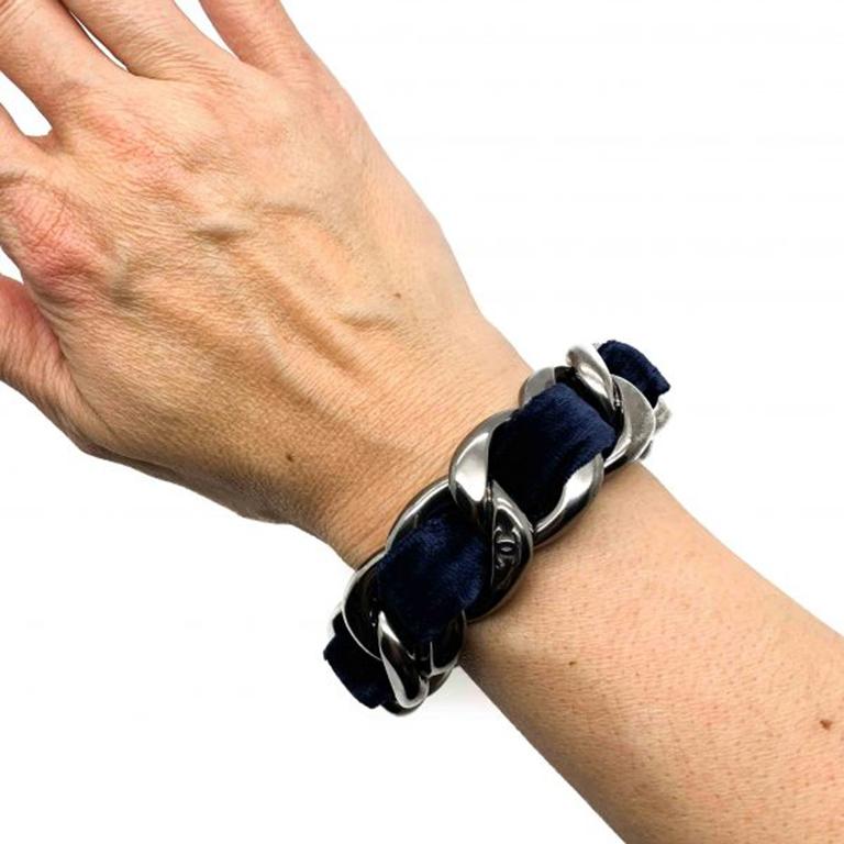 Retro Chanel Blue Velvet Gunmetal Logo Bangle 2013 For Sale at 1stDibs