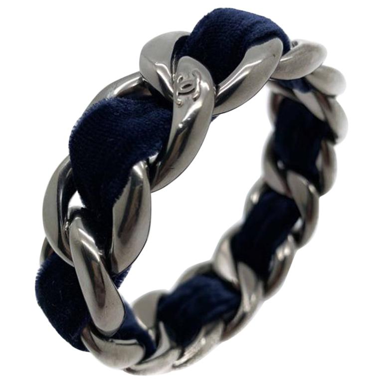 Retro Chanel Blue Velvet Gunmetal Logo Bangle 2013 For Sale at 1stDibs