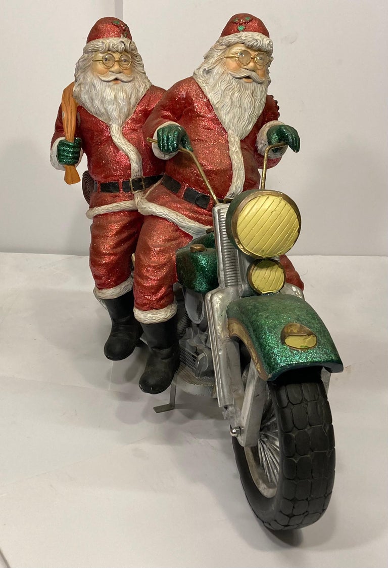 Retro Christmas Sculpture of Two Santa Clauses on Motorcycle at 1stDibs