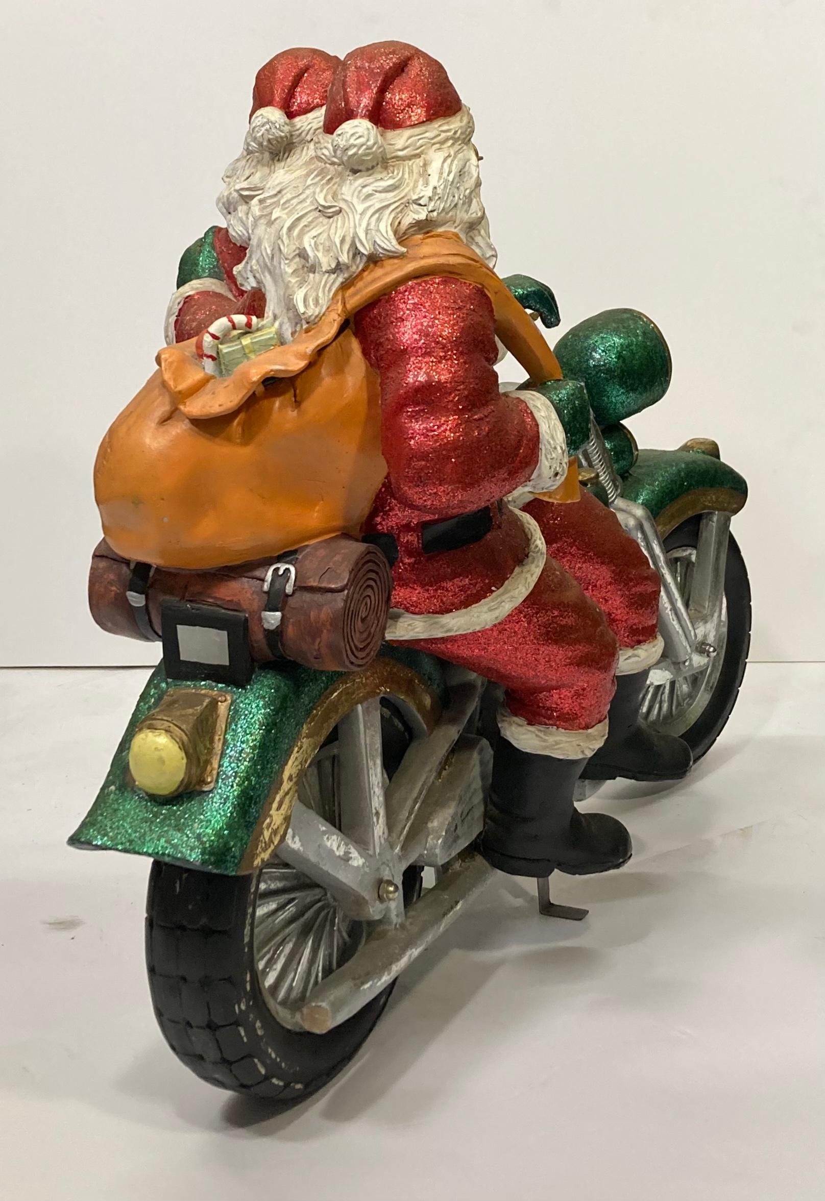 Retro Christmas Sculpture of Two Santa Clauses on Motorcycle at 1stDibs