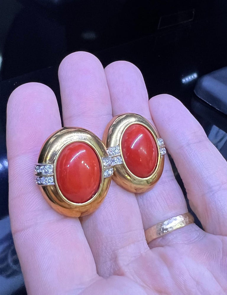 Retro Coral Gemstone and Diamond 18k Yellow Gold Earrings at 1stDibs