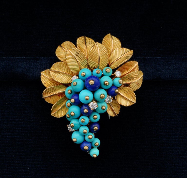 Retro Cornucopia Turquoise Lapis Diamond Brooch For Sale at 1stDibs