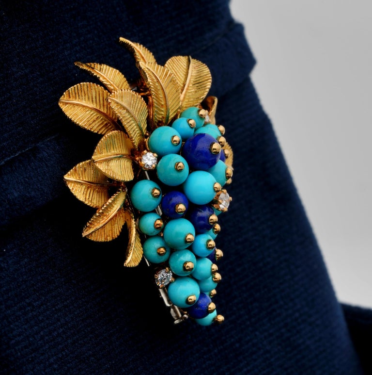 Retro Cornucopia Turquoise Lapis Diamond Brooch For Sale at 1stDibs