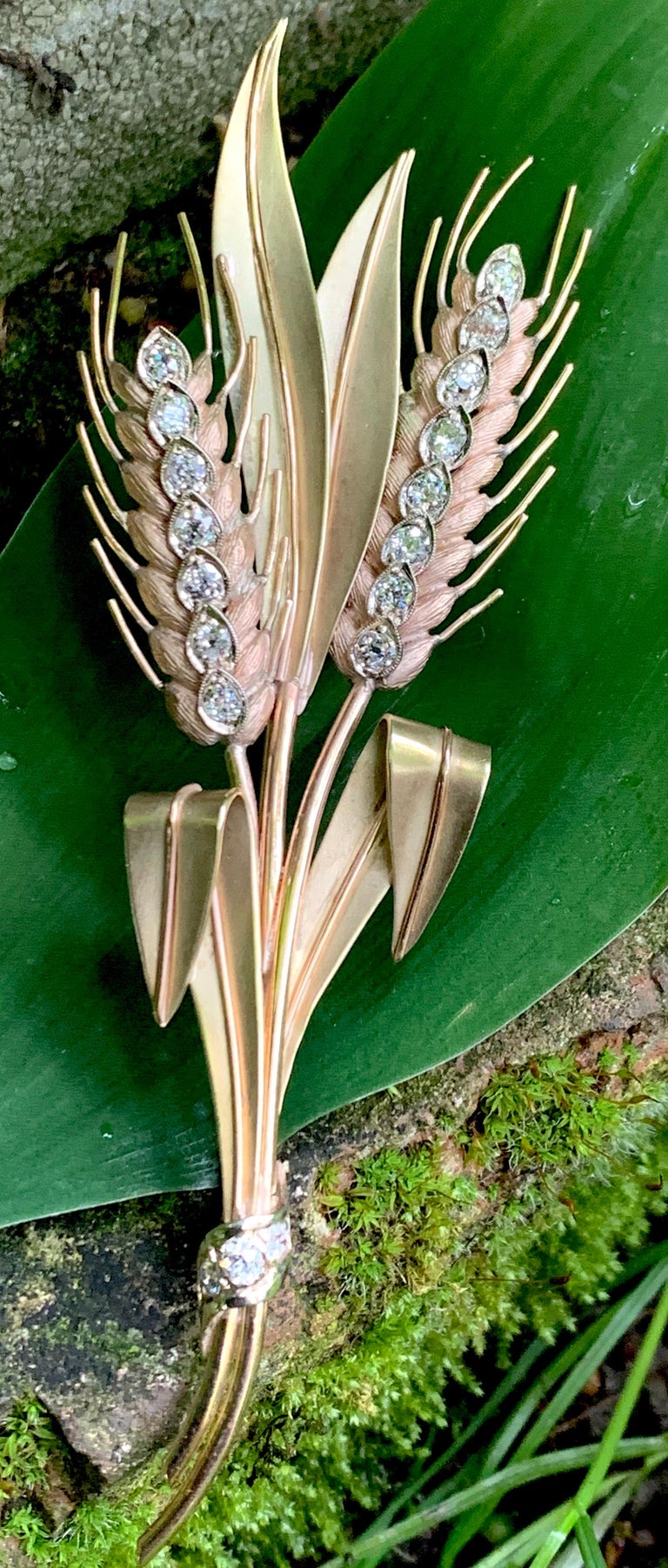 Retro Diamond 1.6 Carat Two Color 14 Karat Gold Grain Wheat Ears Brooch ...