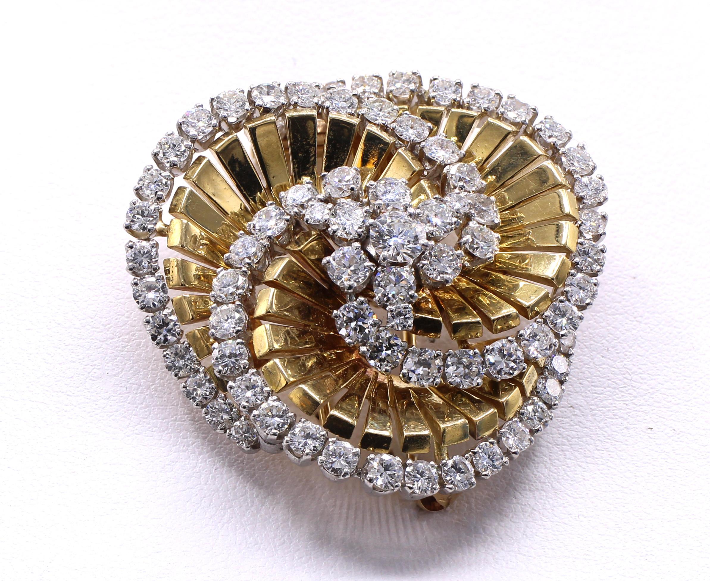 Retro Diamond 18 Karat Yellow Gold and Platinum Brooch For Sale at 1stDibs