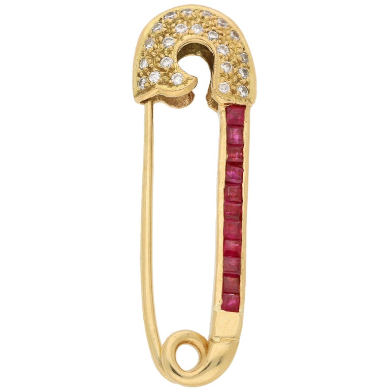 Retro Diamond and Ruby Safety Pin Brooch Set in 18 Karat Yellow Gold at ...
