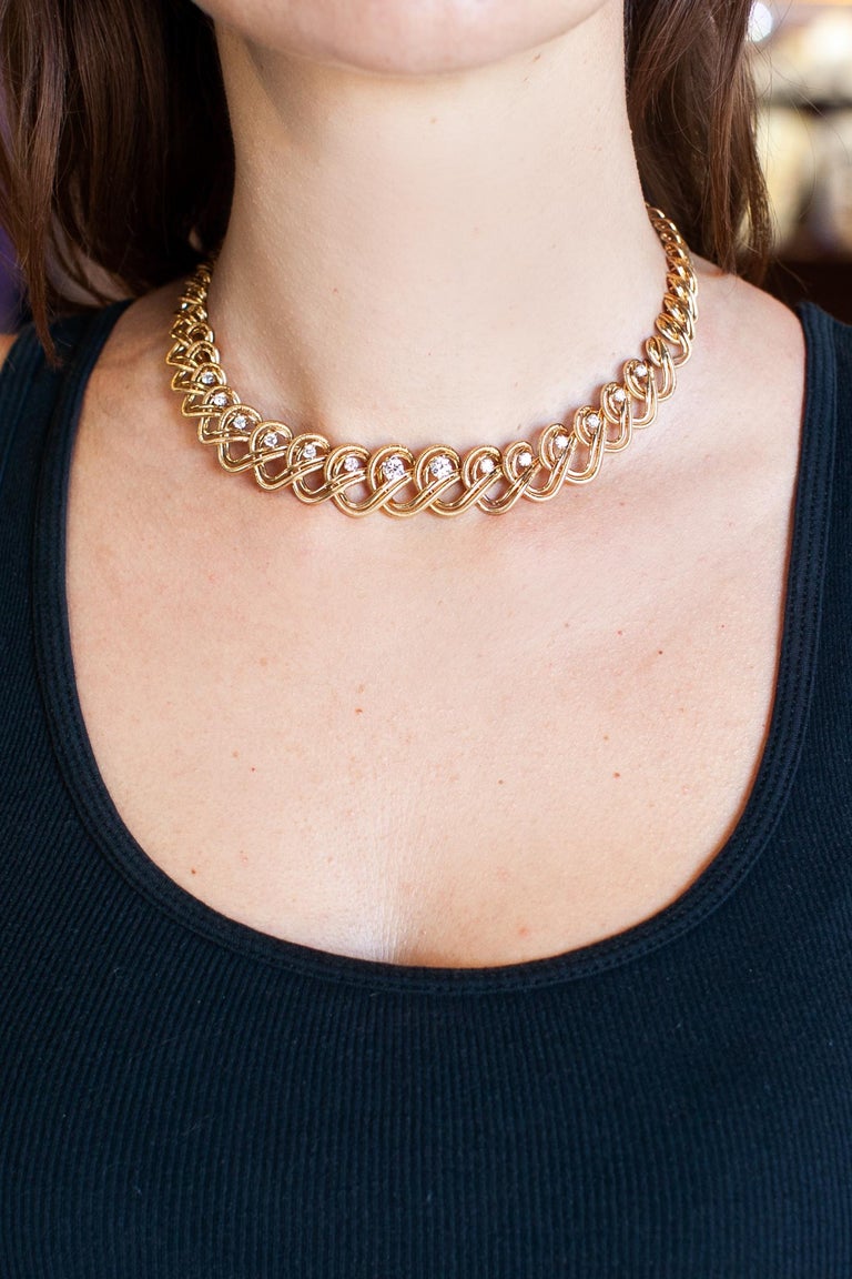 Retro Diamond and Spiraling Gold Coil Collar Necklace by Cartier France ...