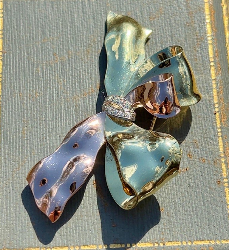 Retro Diamond Bow Pin in 14k Rose and Green Gold For Sale at 1stDibs