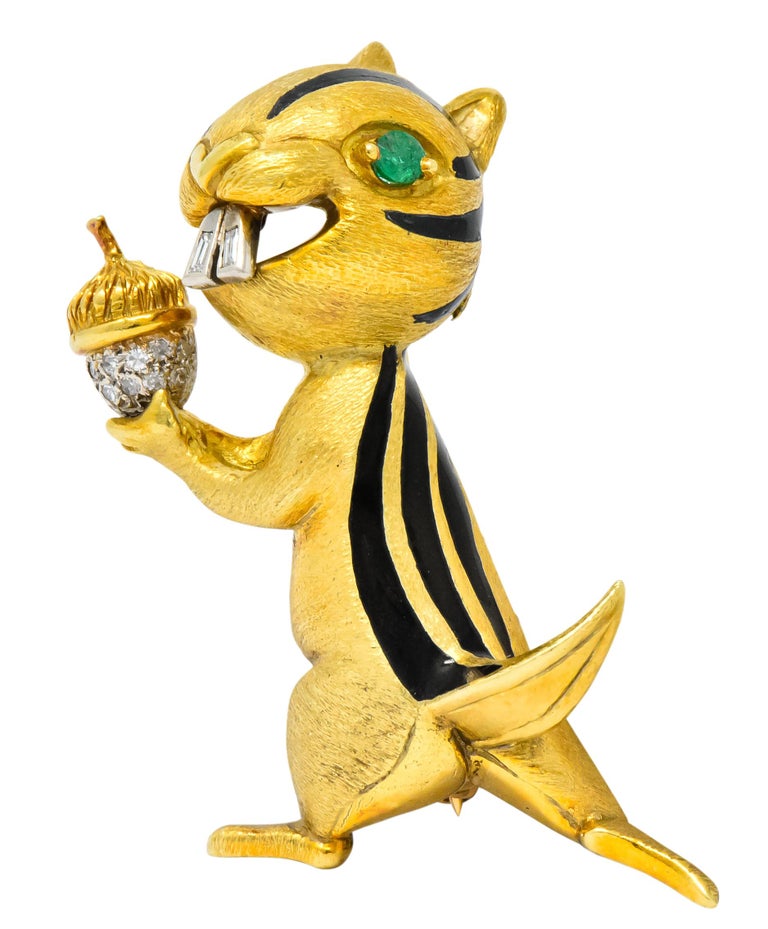 Retro Diamond Emerald Enamel 18 Karat Gold Chipmunk Brooch at 1stDibs