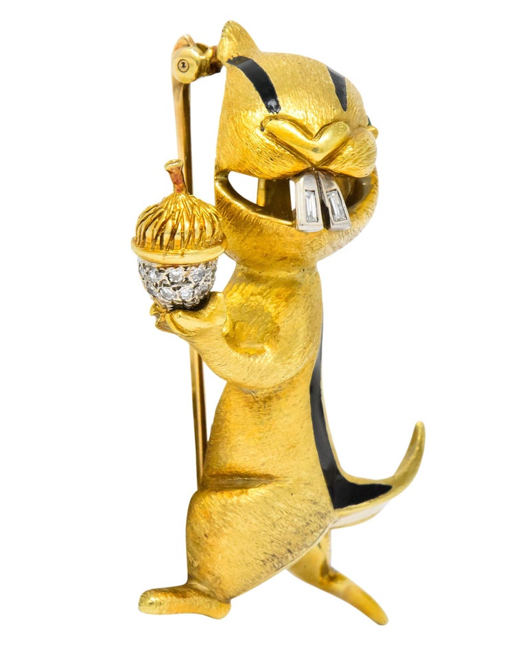 Retro Diamond Emerald Enamel 18 Karat Gold Chipmunk Brooch at 1stDibs