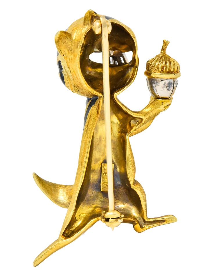 Retro Diamond Emerald Enamel 18 Karat Gold Chipmunk Brooch at 1stDibs