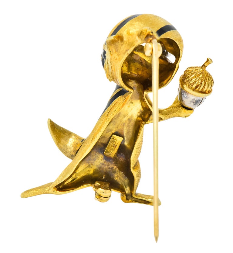 Retro Diamond Emerald Enamel 18 Karat Gold Chipmunk Brooch at 1stDibs