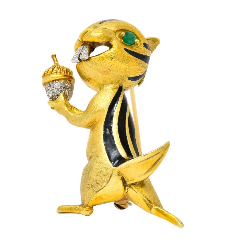 Retro Diamond Emerald Enamel 18 Karat Gold Chipmunk Brooch at 1stDibs
