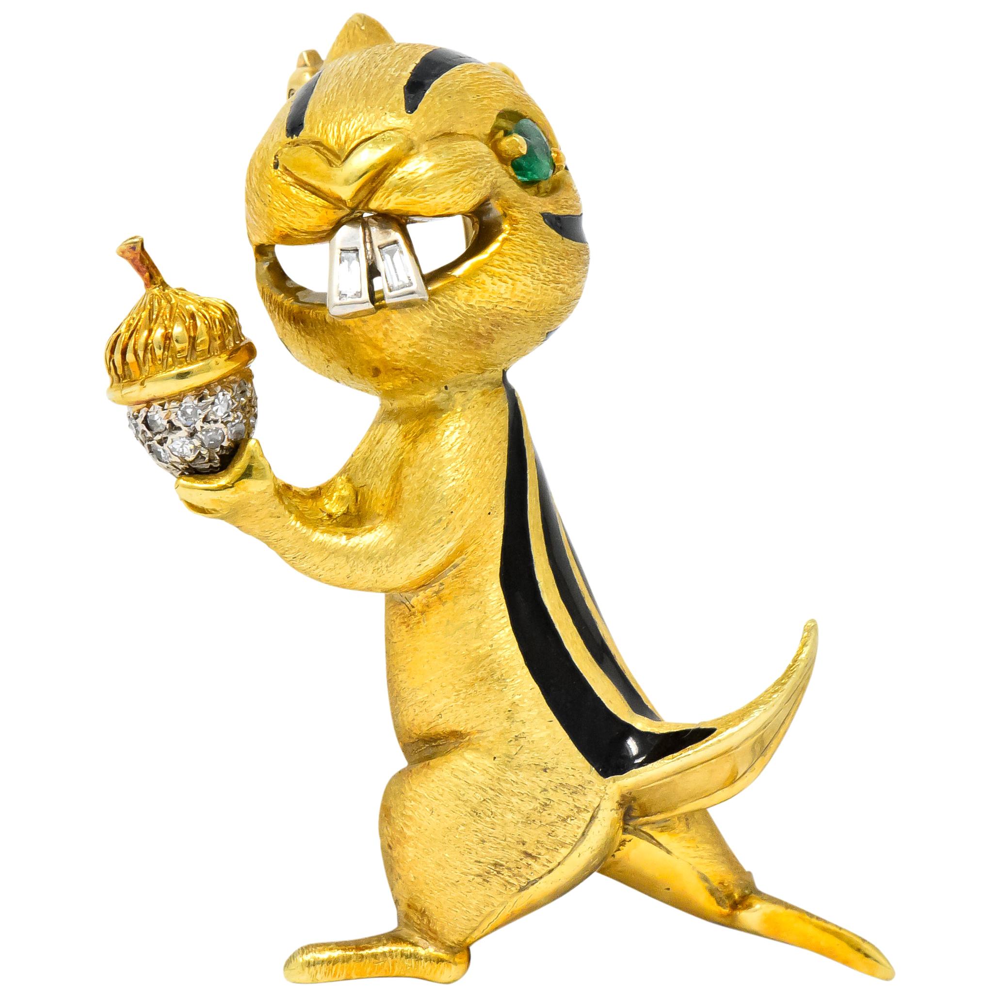 Retro Diamond Emerald Enamel 18 Karat Gold Chipmunk Brooch at 1stDibs