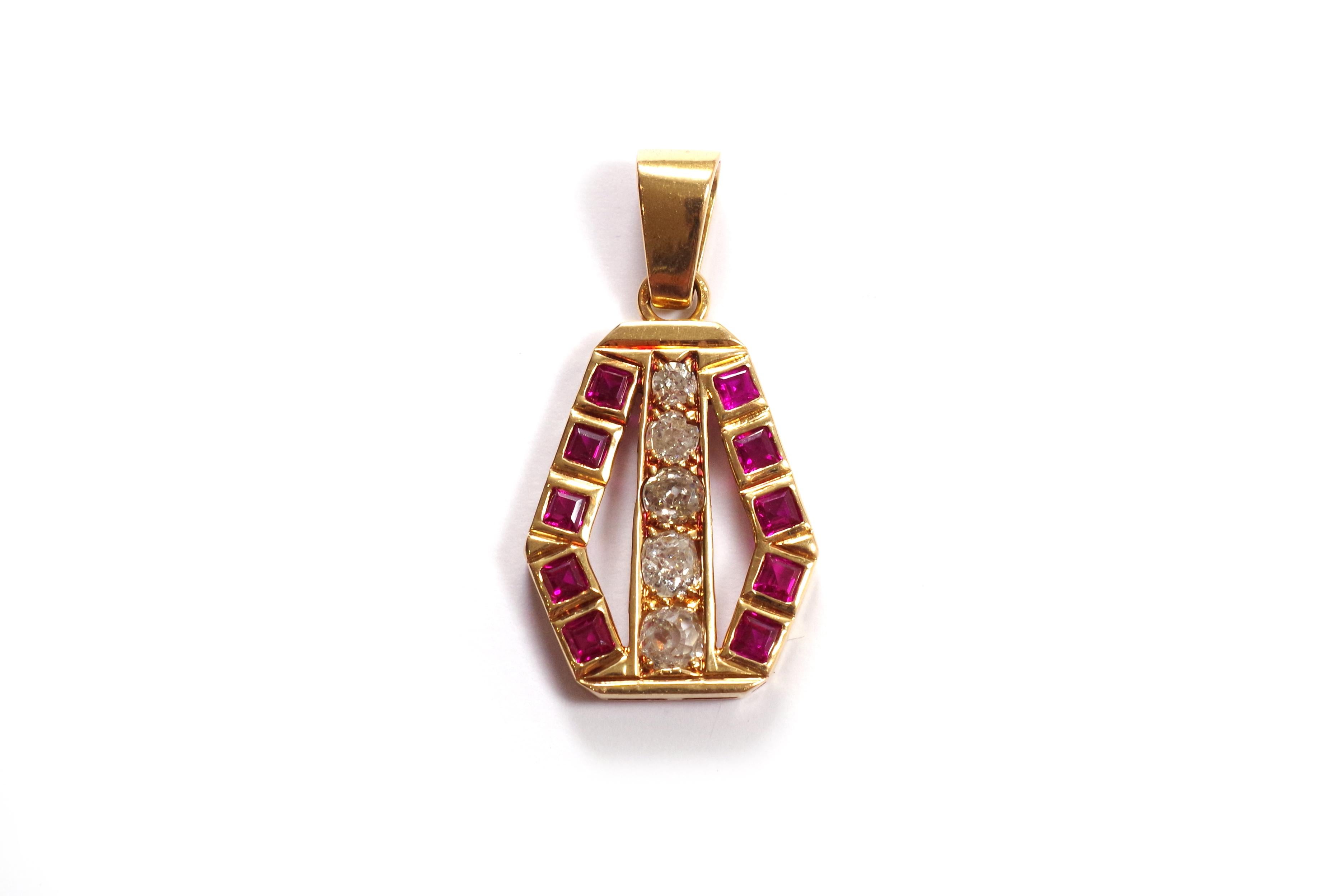 Retro diamond ruby pendant in 18k rose gold For Sale at 1stDibs
