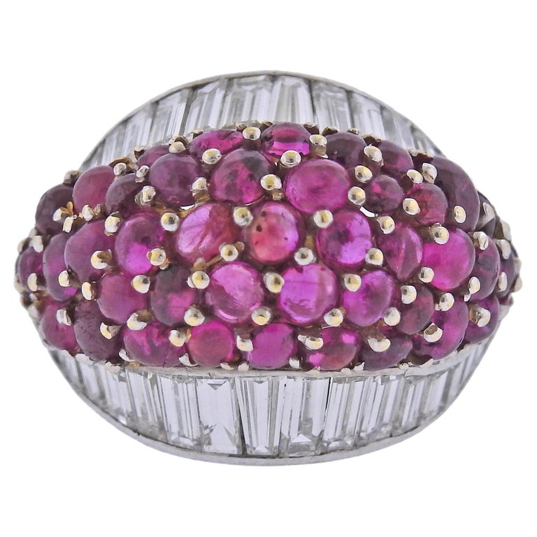 Retro Diamond Ruby Platinum Gold Dome Ring For Sale at 1stDibs