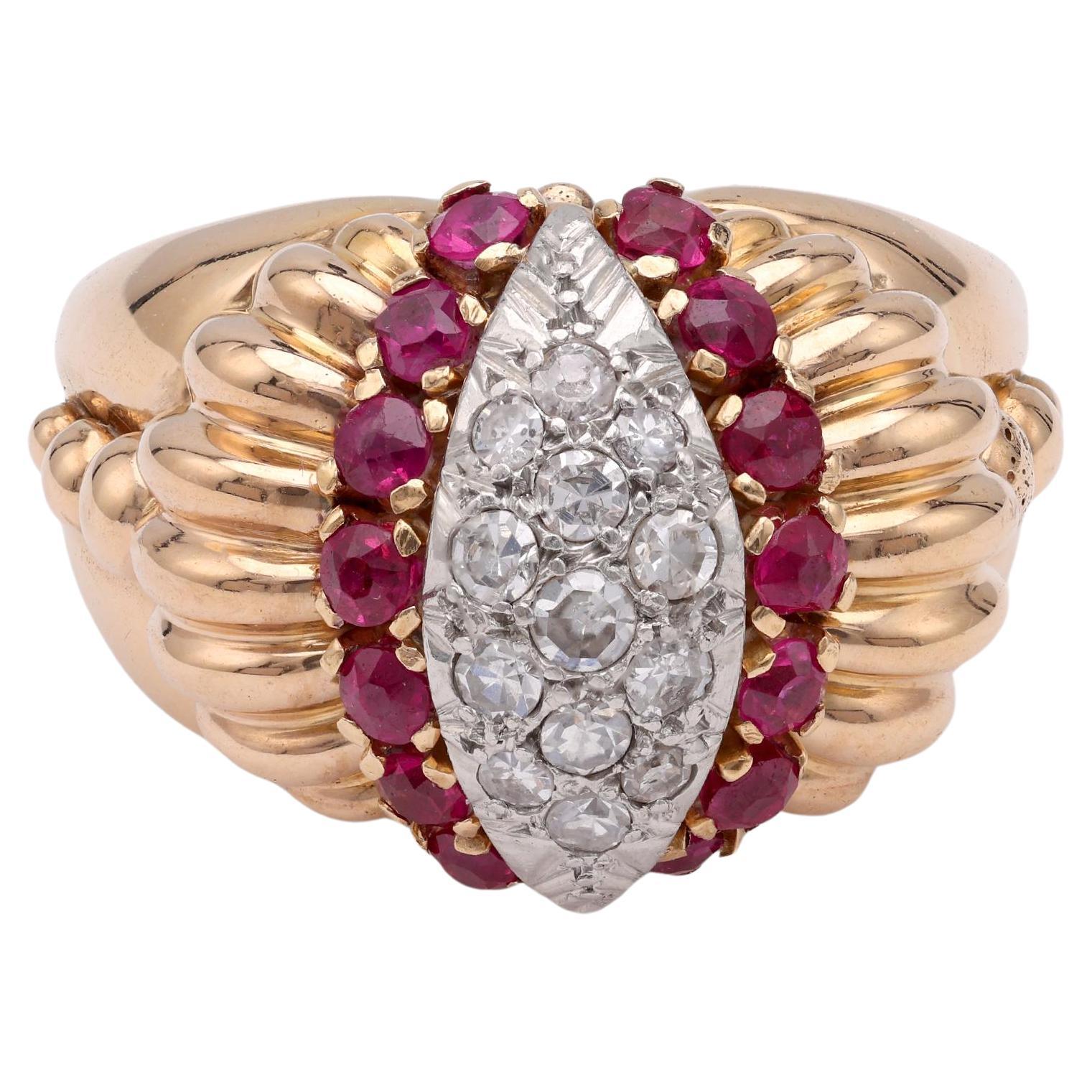 Retro Period Rose Gold Ring with 51ct Aquamarine and Cabochon Rubies ...