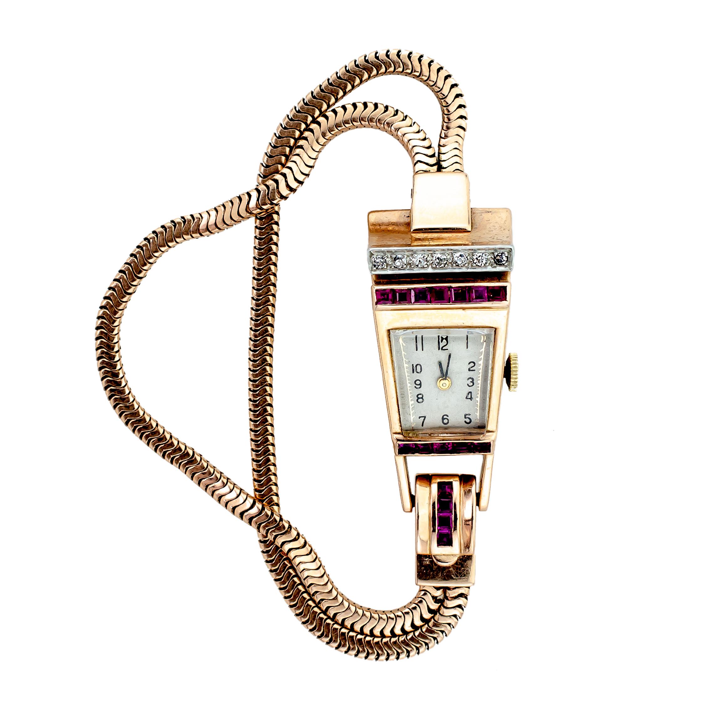 Retro Diamond Ruby Rose Gold Platinum Geometric Ladies Wristwatch For ...