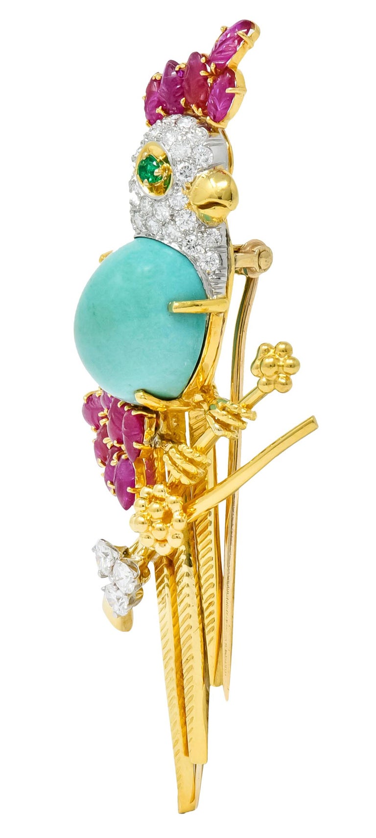 Retro Diamond Ruby Turquoise Emerald 18 Karat Gold Cockatoo Bird Brooch ...