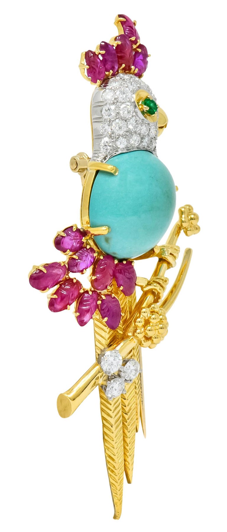 Retro Diamond Ruby Turquoise Emerald 18 Karat Gold Cockatoo Bird Brooch ...