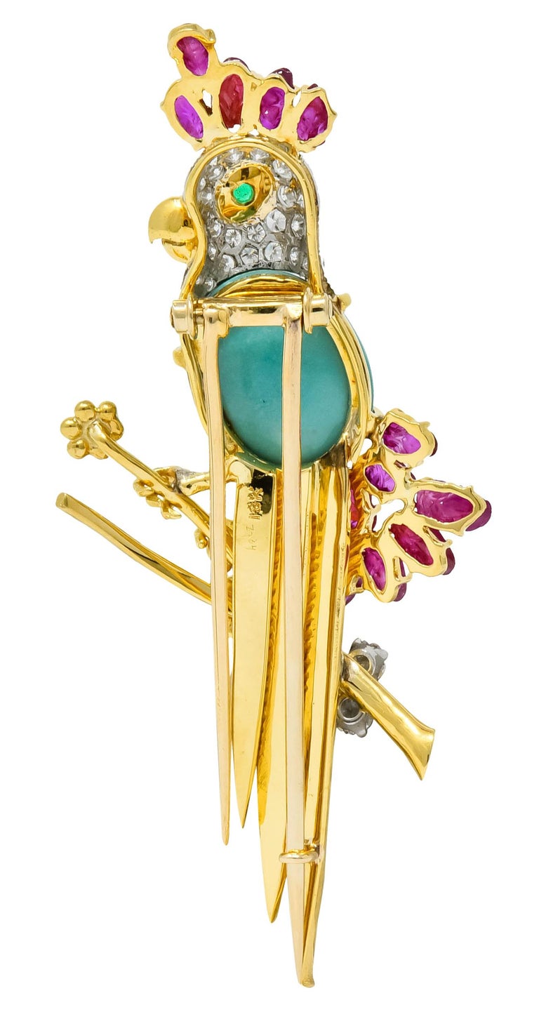 Retro Diamond Ruby Turquoise Emerald 18 Karat Gold Cockatoo Bird Brooch ...