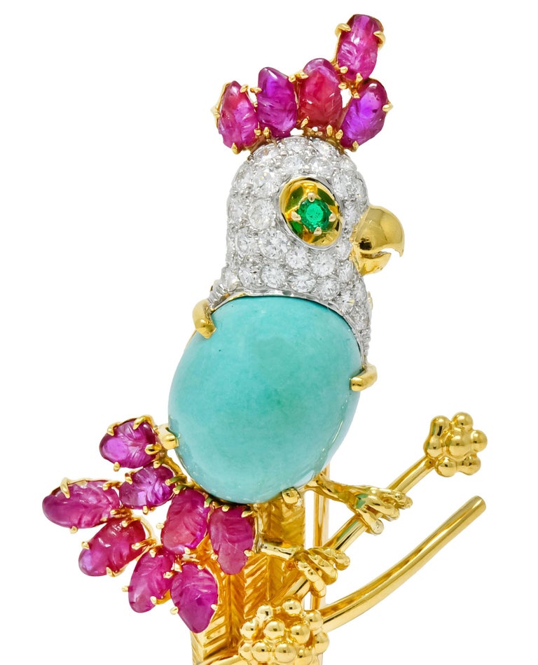 Retro Diamond Ruby Turquoise Emerald 18 Karat Gold Cockatoo Bird Brooch ...