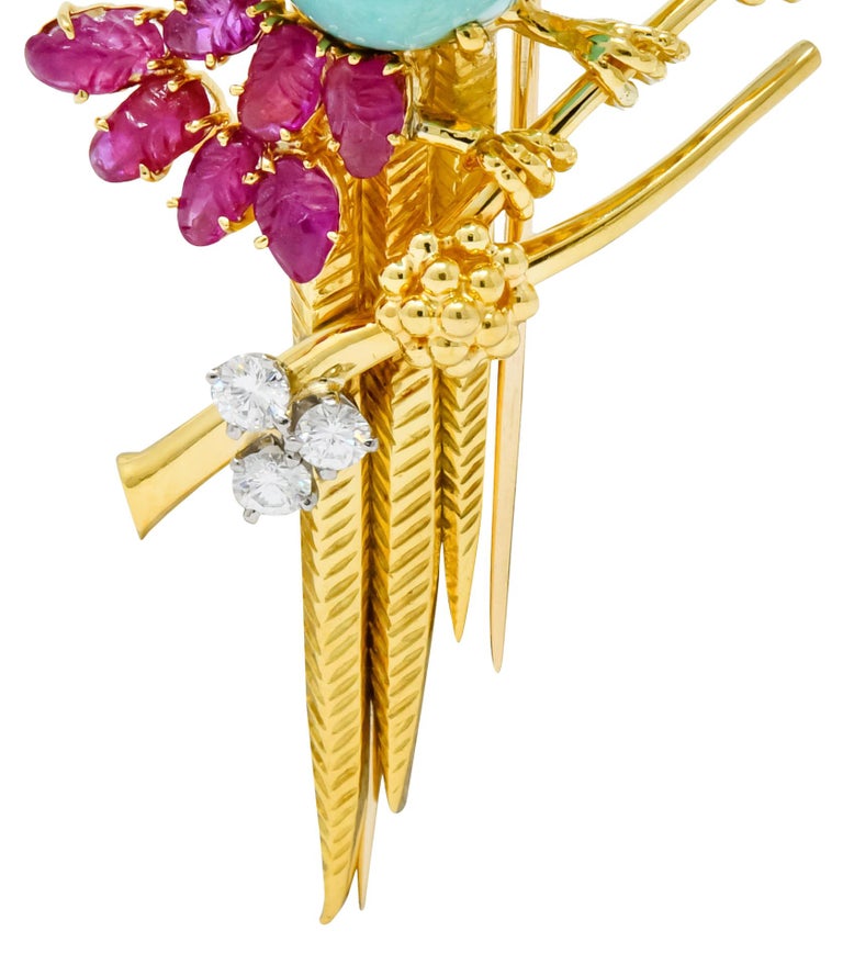 Retro Diamond Ruby Turquoise Emerald 18 Karat Gold Cockatoo Bird Brooch ...