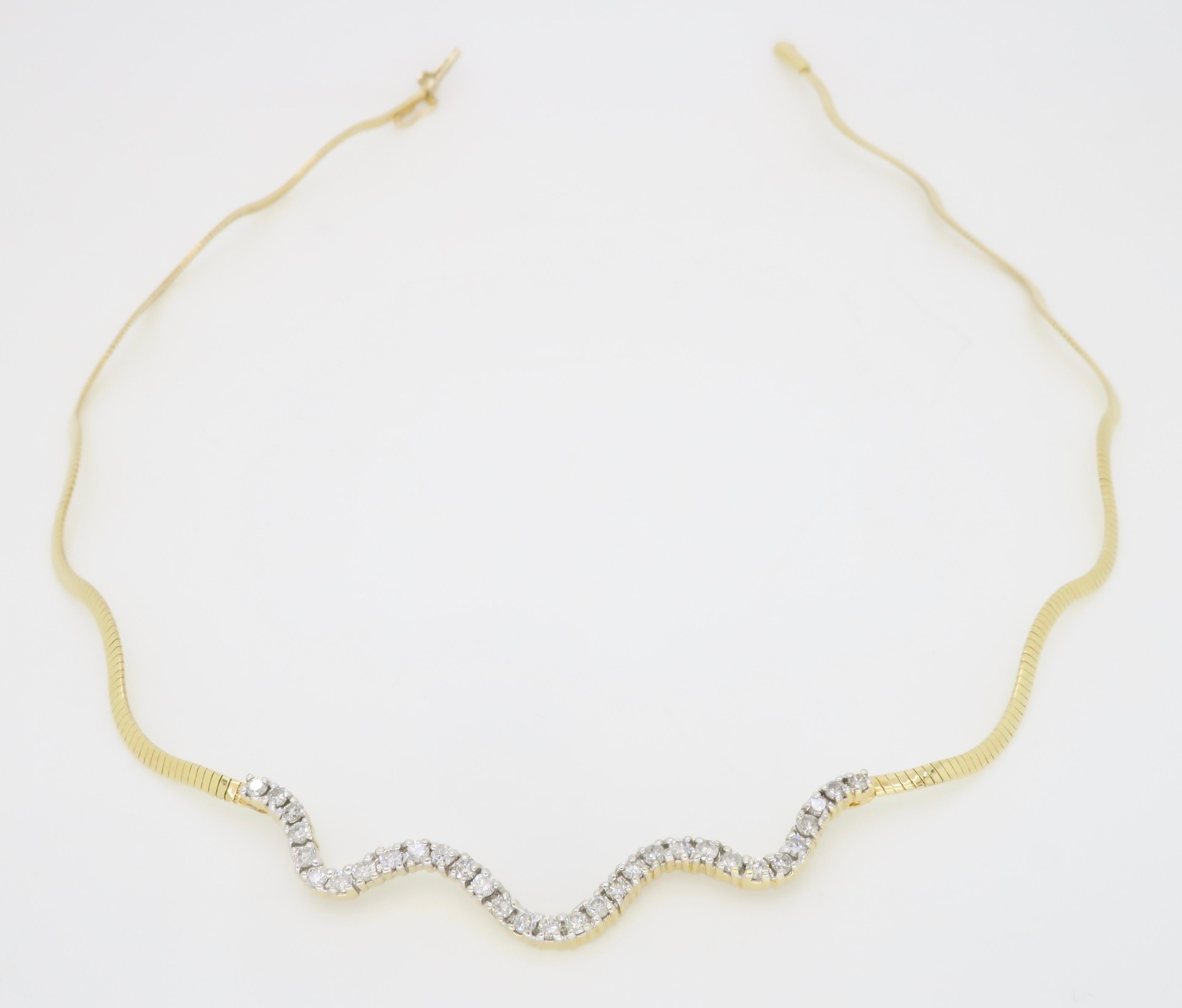 Retro Diamond Wave Omega Necklace in 14k Yellow Gold For Sale at 1stDibs